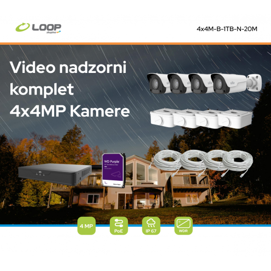 VIDEO NADZORNI KOMPLET 4x4MP: 1x PoE snemalnik, 4x 4MP kamera, 4x podnožja za kamere, 4x 20m UTP ...